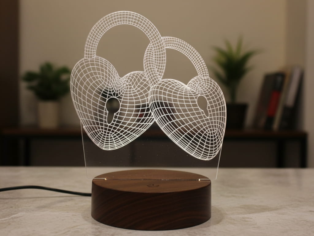 Laser Engraved Locked Hearts Acrylic 3D Illusion Night Lamp CDR DXF SVG ...