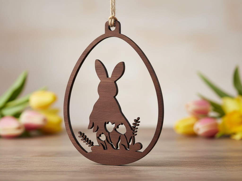 Laser Cut Easter Egg Ornament with Bunny and Tulip Floral Design SVG ...