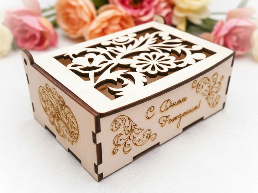 Laser Cut Wooden Gift Box with Floral Lid CDR SVG File Free Download ...